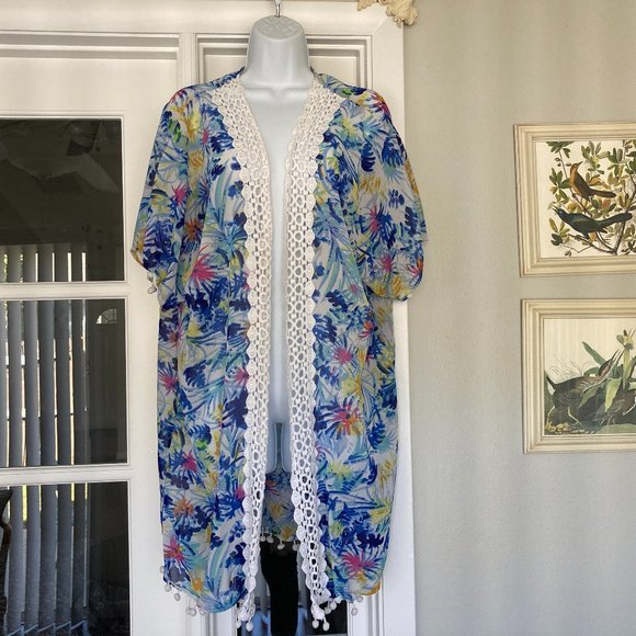 Shoreline | Swim | Shoreline Floral Print Kimono Robe Cover Up Lace Pom ...